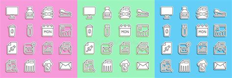 Set Line Mail And E Mail Graph Chart Infographic Delete File Document