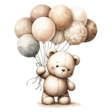 Watercolor Teddy Bear Clipart With Balloons Digital PNG For Baby Shower