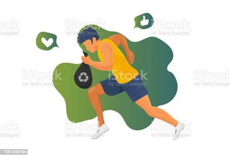 Plogging 피트 니스 활동 동향의 벡터 일러스트 레이 션 개념 따기 선수 조깅 한 쓰레기 봉지를 쓰레기 또는 쓰레기 러너 또는 Plogger 쓰레기 가방