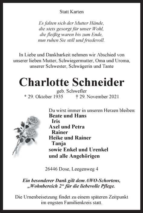 Traueranzeigen Von Charlotte Schneider Nordwest Trauerde