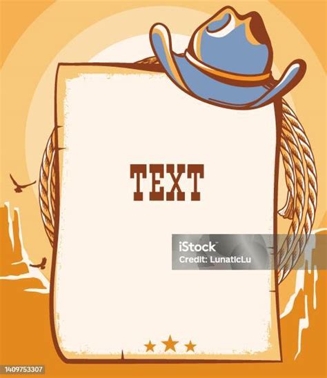 텍스트에 대한 와일드 웨스트 종이 배경 미국 사막 풍경에 카우보이 모자와 올가미가있는 벡터 웨스턴 일러스트 레이 션 로데오에 대한 스톡 벡터 아트 및 기타 이미지 Istock