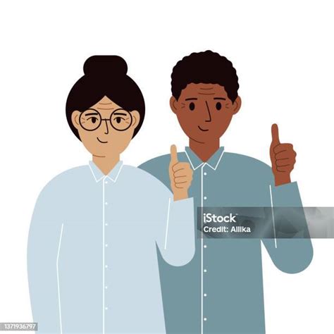 웃는 젊은 사업가 성공 개념 긍정적 인 감정 행복한 사람들 남자 친구와 여자 친구가 엄지 손가락 재미와 기쁨을 보여주는 남자에