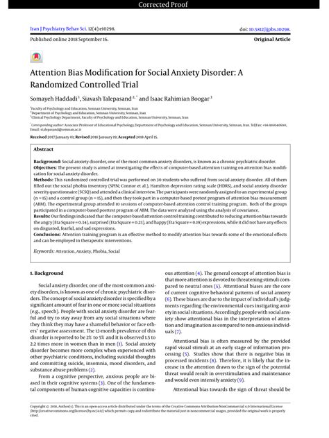 Pdf Attention Bias Modification For Social Anxiety Disorder A Randomized Controlled Trial