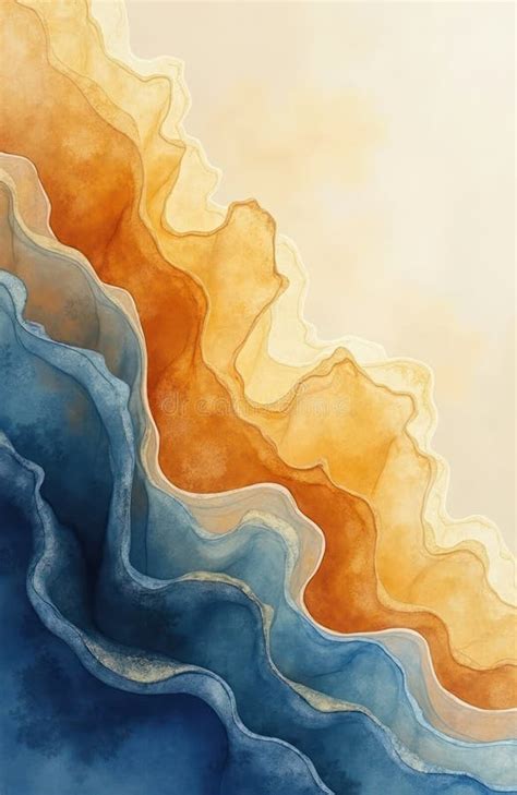Abstract Art Illustration Flowing Waves Of Gold Blue Watercolor Texture Layers Create Dynamic