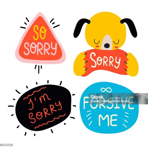 죄송합니다 스티커 세트 사과 따옴표 벡터 모음입니다 흰색 배경에 손으로 그린 귀여운 벡터 그림의 집합입니다 개념에 대한 스톡 벡터 아트 및 기타 이미지 Istock