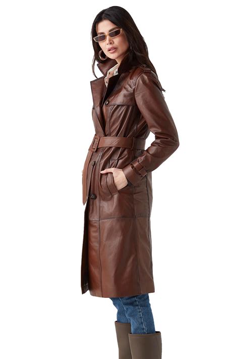 Heather Women S 100 Real Tan Leather Belted Trench Coat