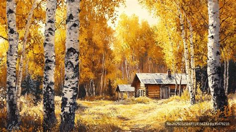 Ai创作图秋天 白桦林 小屋 树林 风景 自然 木屋 黄叶 草地 光影 田园 宁静 季节 户外 油画 昵图网