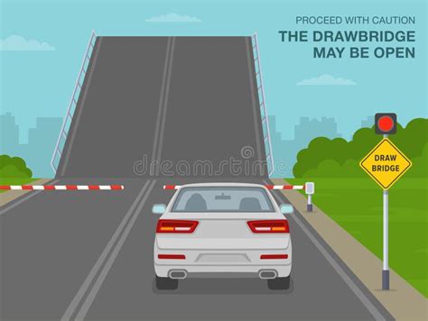 Car Stopped At The Gates While Drawbridge Opens Back View Proceed