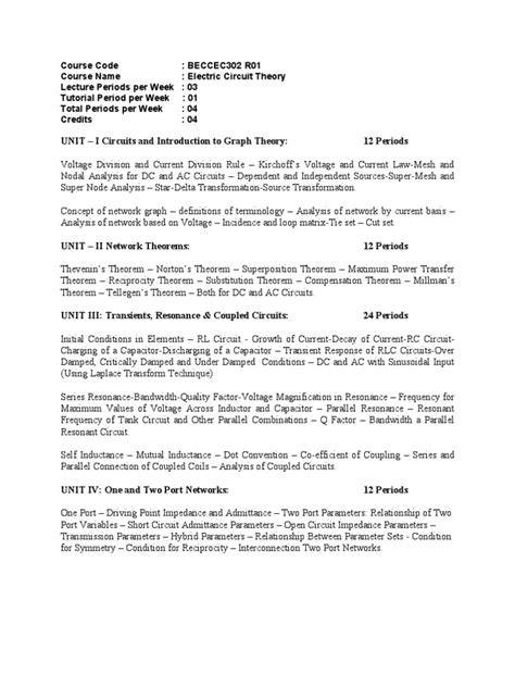 Electric Circuit Theory Syllabus Ece Pdf Network Analysis