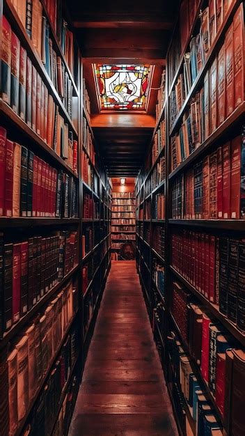 Passage Between Library Bookcases Premium Ai Generated Image
