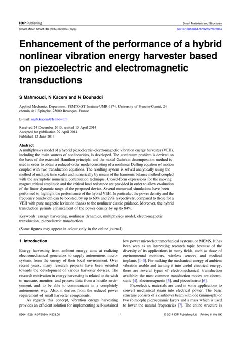 Pdf Enhancement Of The Performance Of A Hybrid Nonlinear Vibration Energy Harvester Based On