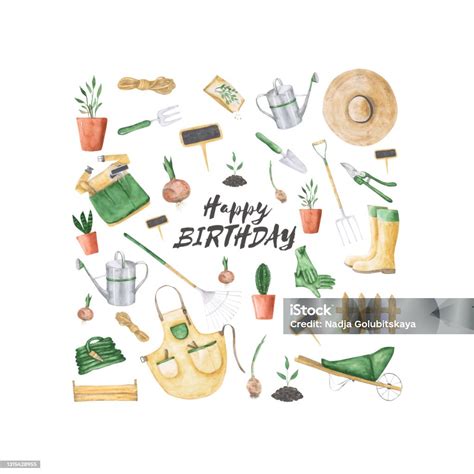 정원사 생일 축하 카드 정원 도구가있는 생일 인사말 카드와 흰색 배경에 생일 축하합니다라고 서명하십시오 정사각형 모양의 손으로