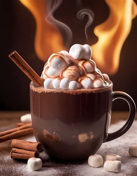 Warm Cup Of Hot Chocolate With Whipped Cream And Cinnamon Served