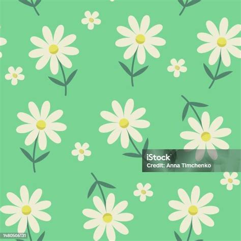 녹색 배경에 매끄러운 봄 데이지 패턴입니다 흰색 야생 카모마일이 있는 벡터 인쇄 의료 허브 어린이 귀여운 만화 패턴 0명에 대한 스톡 벡터 아트 및 기타 이미지 Istock