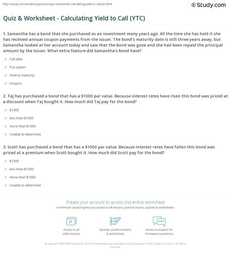 Quiz Worksheet Calculating Yield To Call YTC Study Com