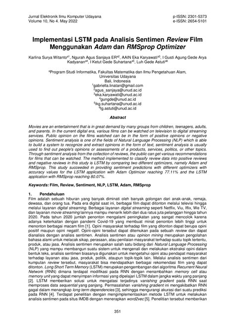 Pdf Implementasi Lstm Pada Analisis Sentimen Review Film Menggunakan Adam Dan Rmsprop Optimizer