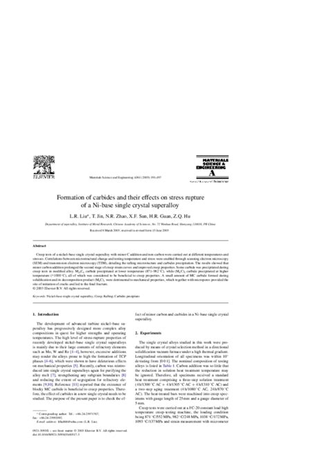 Pdf Formation Of Carbides And Their Effects On Stress Rupture Of A Ni Base Single Crystal