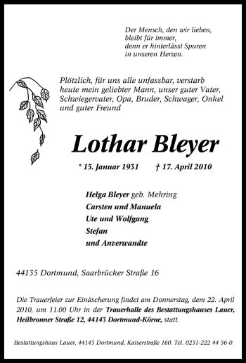 Traueranzeigen Von Lothar Bleyer Trauer In Nrw De