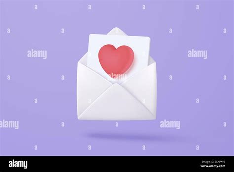 3d Mail Envelope Icon With Red Heart Notification New Message Minimal Email Letter With Pop Up