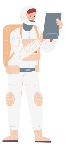 태블릿을 가진 우주인 우주복을 입은 미래의 우주 엔지니어 Empire에 대한 스톡 벡터 아트 및 기타 이미지 Empire