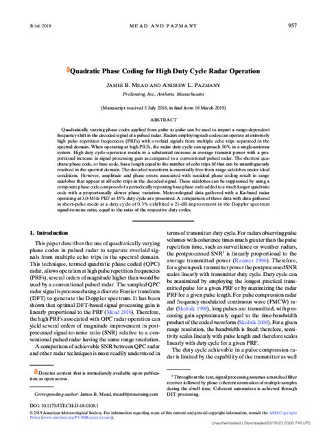 Pdf Quadratic Phase Coding For High Duty Cycle Radar Operation