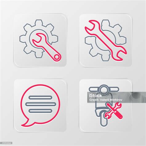 라인 스쿠터 서비스 말풍선 채팅 렌치 및 기어 및 아이콘을 설정합니다 벡터 Brand Name Online Messaging