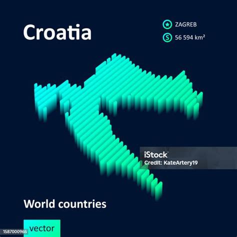 クロアチアの様式化された縞模様のベクター画像等角3dマップクロアチアの地図は濃い青の背景にネオングリーンとミントの色です 地図のベクター