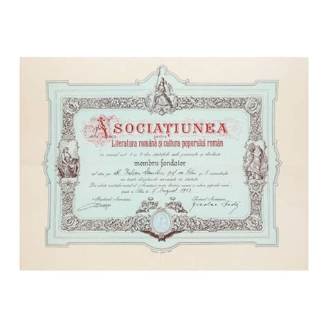 Diplomă de membru fondator Asociațiunea pentru literatur