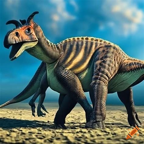 Detailed Image Of A Colorful Hadrosaurus Dinosaur In Warm Morning Light