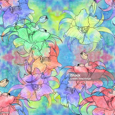 원활한 패턴 백합 꽃 새싹 및 잎 꽃 디지털 아트 여름 정원 꽃 인쇄물 표지판 항목 웹 사이트지도를 사용하십시오 그래픽 프린트에 대한 스톡 벡터 아트 및 기타 이미지