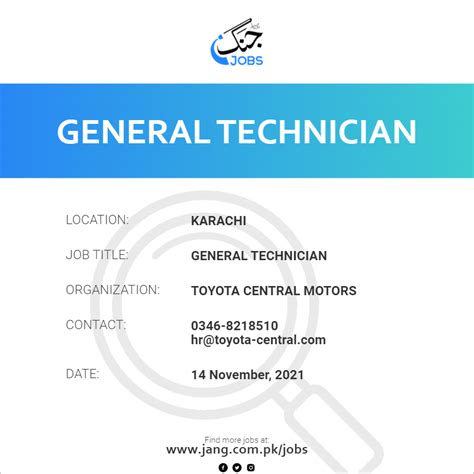 General Technician Job Toyota Central Motors Jobs In Karachi 27636