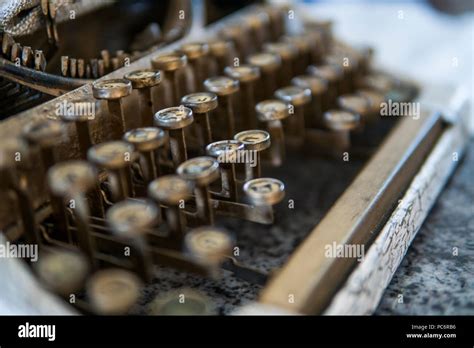 Close Up View On An Old Dirty Broken Antique Typewriter Machine Keys