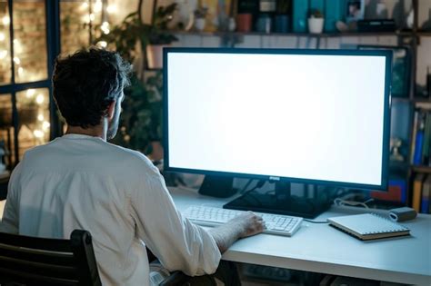 Man Using Computer Monitor Man Working On White Screen Of Computer