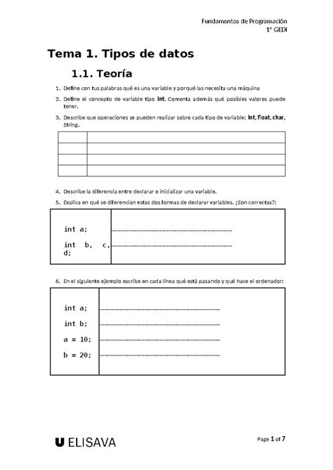 Tema 1 Variables Xxxaqqa 1º Gedi Tema 1 Tipos De Datos 1 Teoría 1 Define Con Tus Palabras