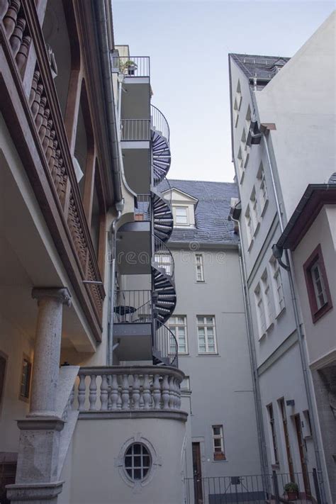 Courtyard No People Light Facade Spiral Staircase Wooden Balustrade
