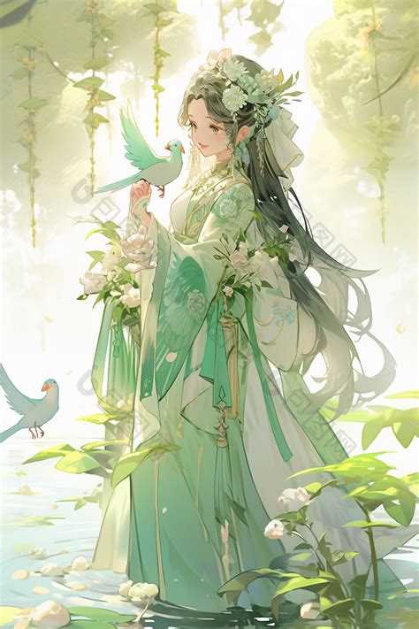 古风女孩植物飞鸟花草鸽子png下载 包图网