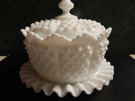 Elegant Vintage Fenton Milk Glass Hobnail Candy Bowl