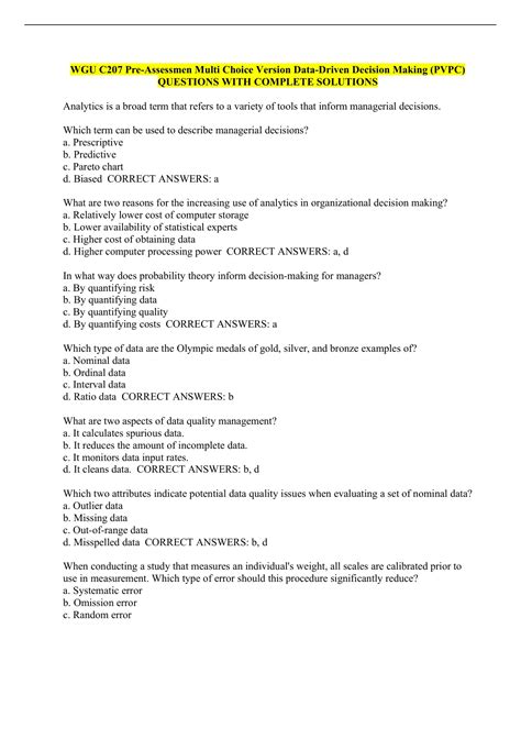 Wgu C207 Pre Assessmen Multi Choice Version Data Driven Decision Making