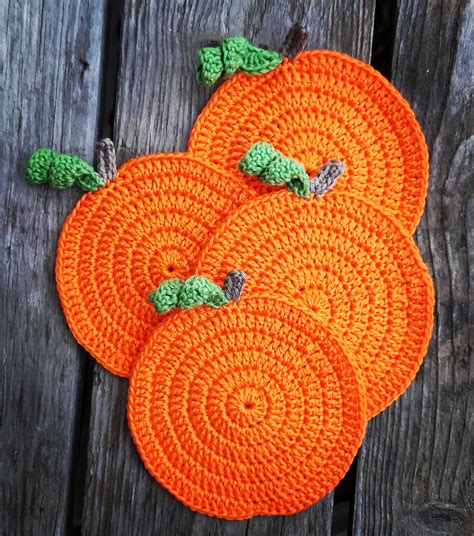 Crocheted Pumpkin Coaster Set Of 4 Etsy