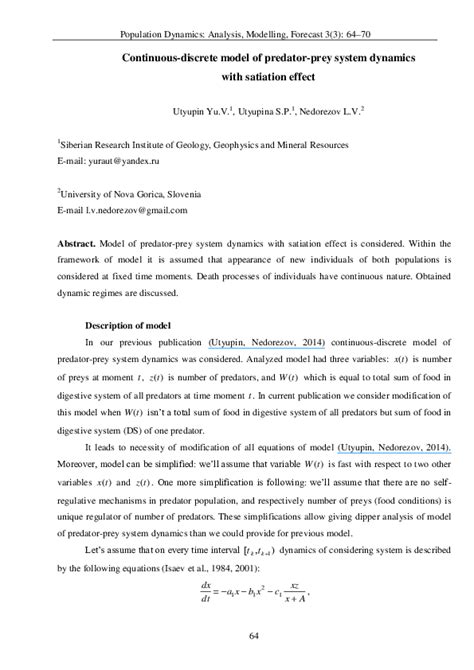 Pdf Continuous Discrete Model Of Predator Prey System Dynamics With Satiation Effect