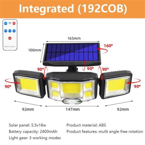Lampe solaire à LED COB avec détecteur de mouvement PIR et télécommande spot lumineux d