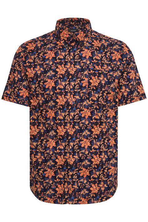 Mens Matinique Floral Print Shirt Navy And Orange Short Sleeved