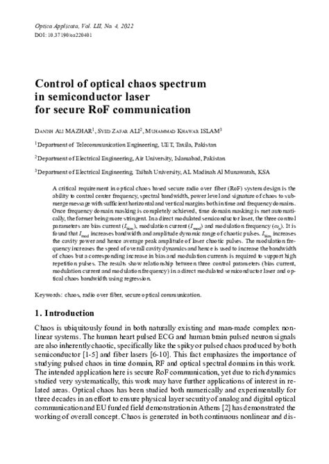 Pdf Control Of Optical Chaos Spectrum In Semiconductor Laser For