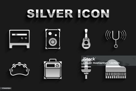 기타 설정 Ampliifier 음악 소리굽쇠 그랜드 피아노 마이크 탬버린 및 스테레오 스피커 아이콘 벡터 검은색에 대한 스톡 벡터 아트 및 기타 이미지 Istock