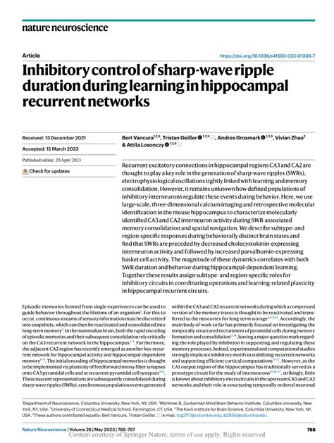 Inhibitory Control Of Sharp Wave Ripple Duration During Learning In