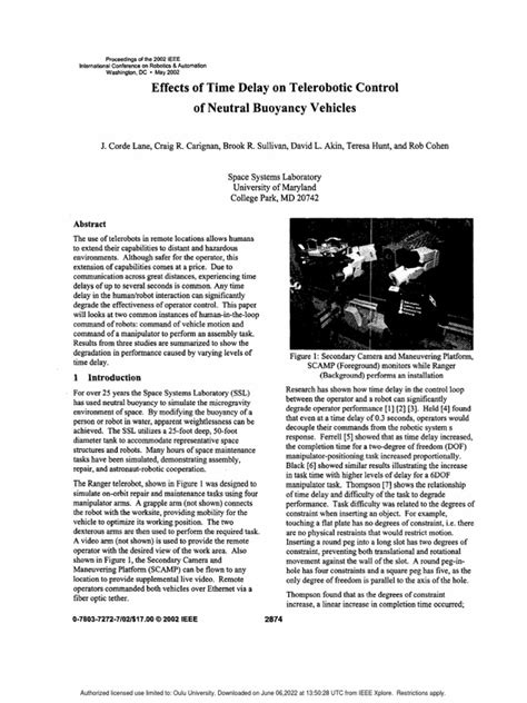 Effects Of Time Delay On Telerobotic Control Of Neutral Buoyancy Vehicles Pdf Simulation