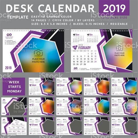 데스크 캘린더 2019입니다 데스크톱 달력 템플릿입니다 주는 월요일에 시작합니다 벡터 일러스트 레이 션 0명에 대한 스톡 벡터 아트 및 기타 이미지 Istock