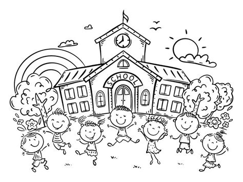 Dessin De Joyeux Dessins Animés Enfants Jouant Devant L école Bâtiment