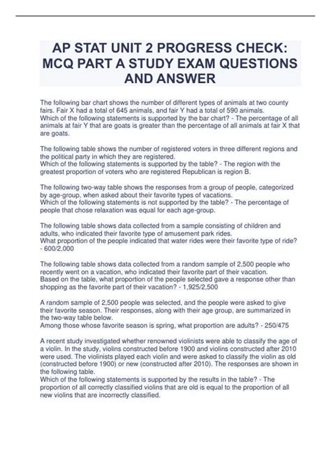 AP STAT UNIT PROGRESS CHECK MCQ PART A STUDY EXAM QUESTIONS AND ANSWER AP STAT UNIT