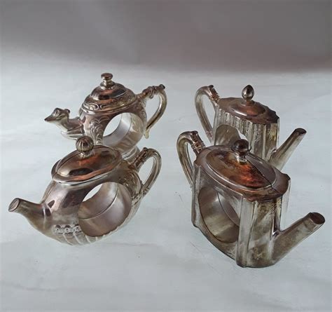 Vintage Godinger Silver Plated Teapot Napkin Ring Set Of 4 Etsy